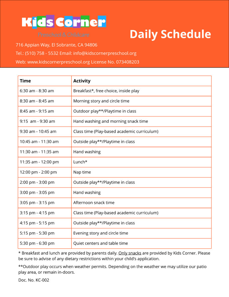 Daily Schedule | Daily Routine by Kids Corner Preschool and Childcare